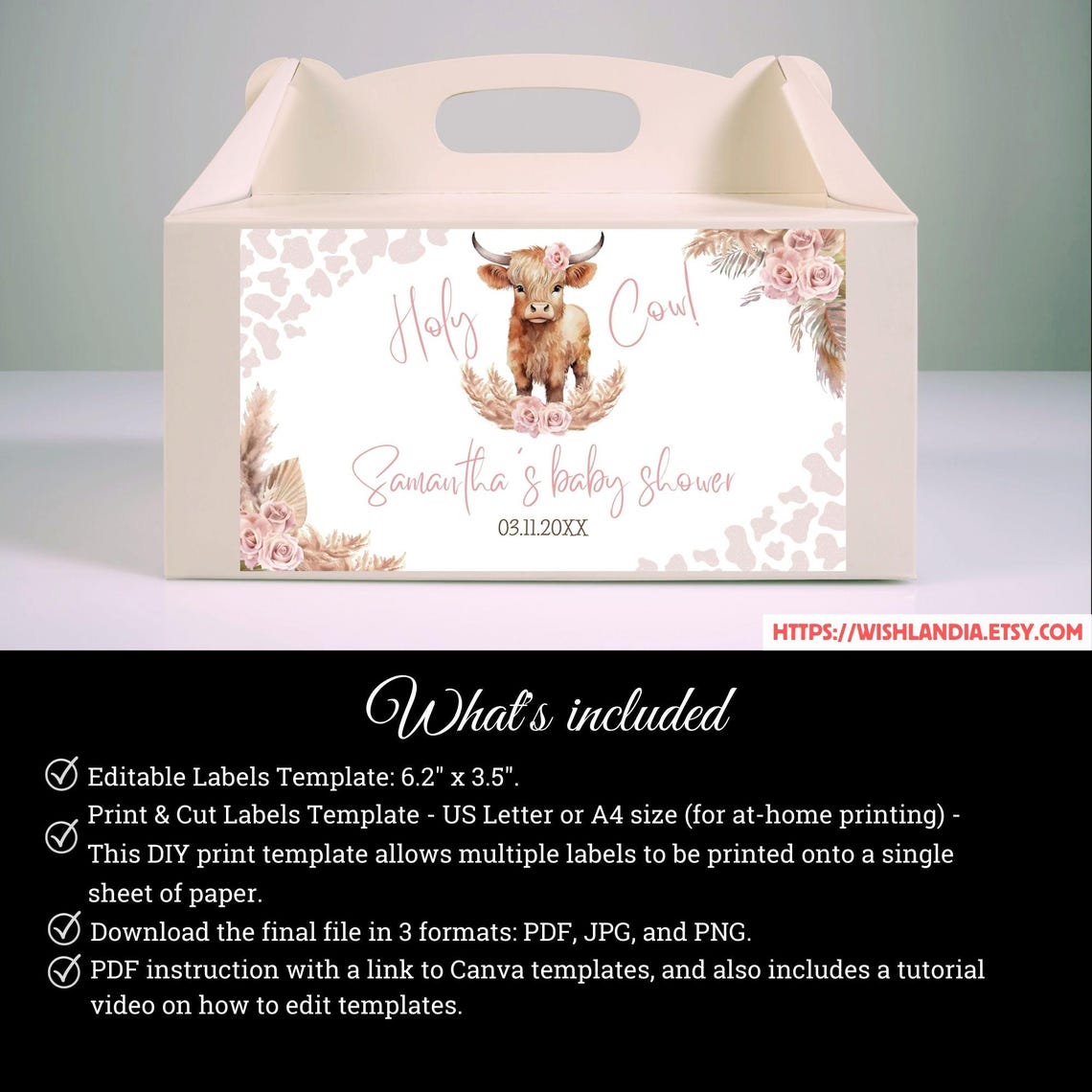 Gable Box Label Baby Shower Highland Cow, Party Favor Box Labels ...