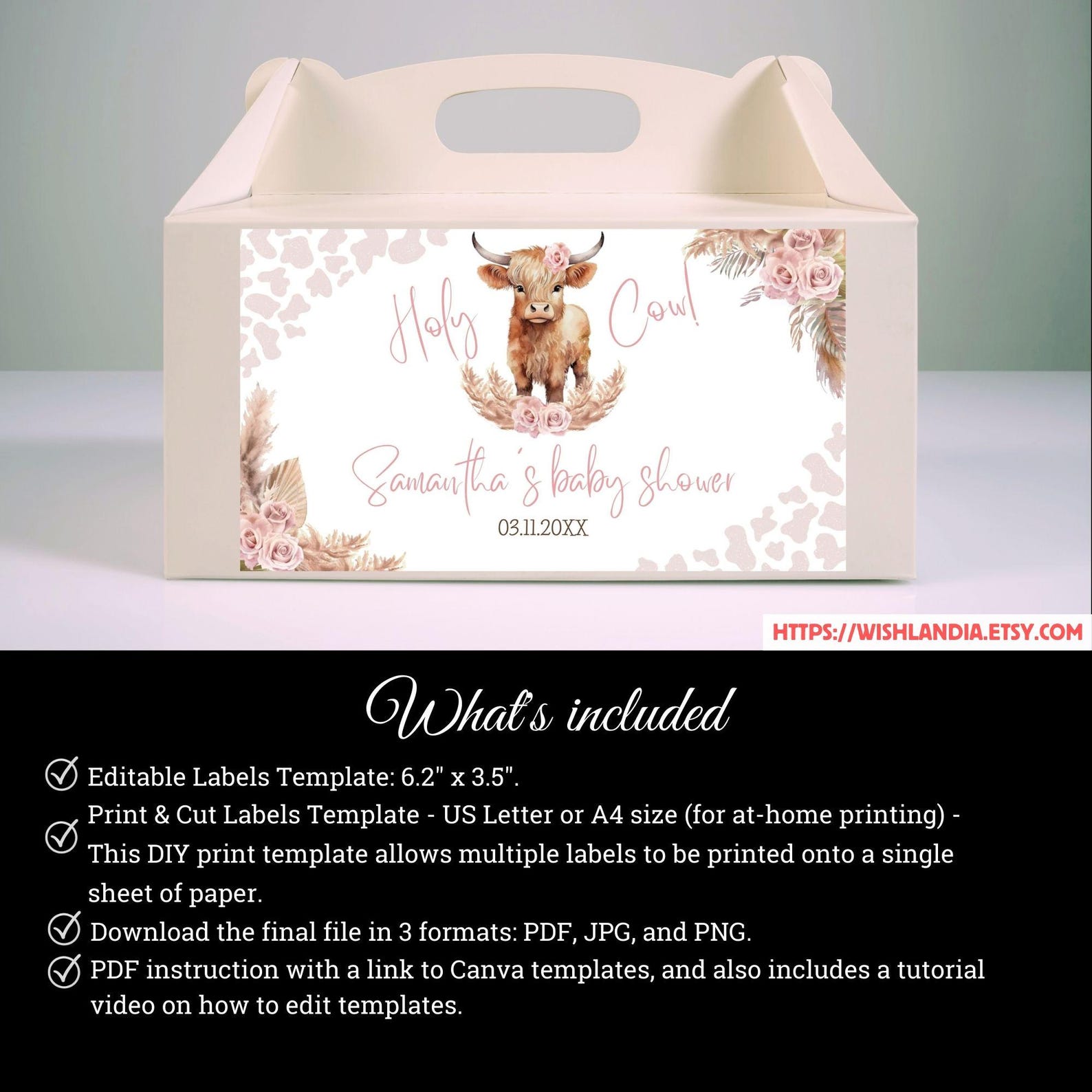 Gable Box Label Baby Shower Highland Cow, Party Favor Box Labels ...