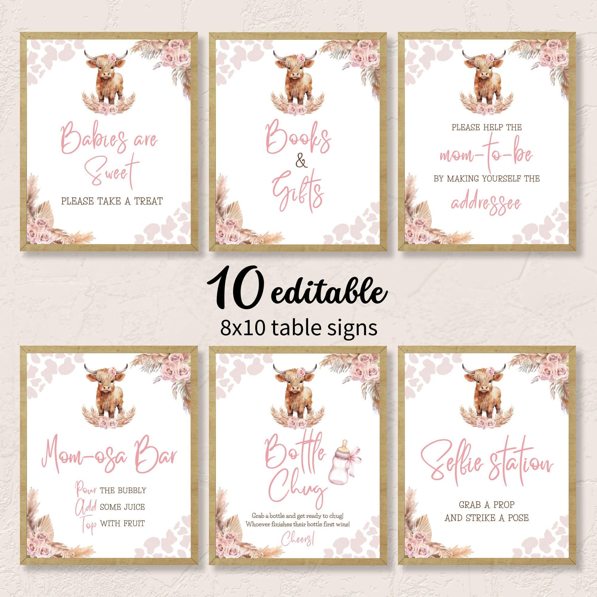 Editable Table Sign Baby Shower Girl, Highland Cow With Pink Roses ...