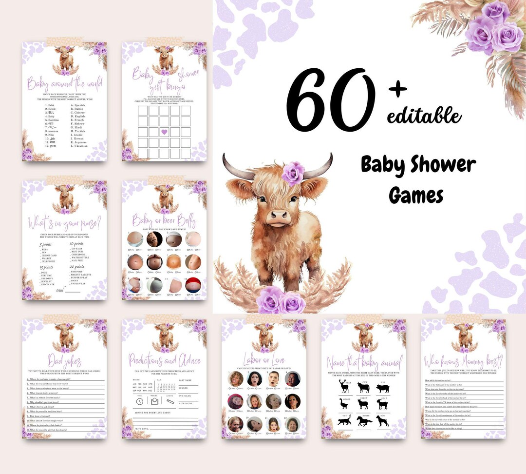 Editable Purple Baby Shower Game Bundle Highland Cow, 60+ Funny Games ...