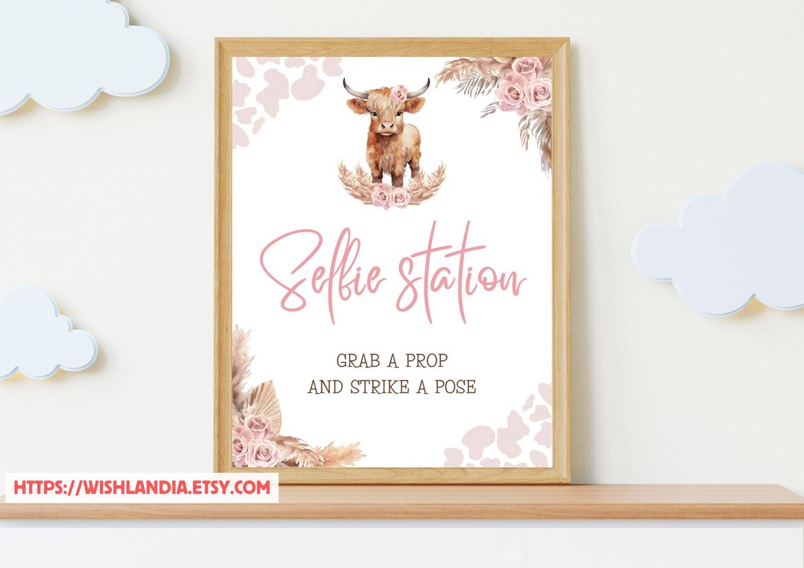 Editable Table Sign Baby Shower Girl, Highland Cow With Pink Roses ...
