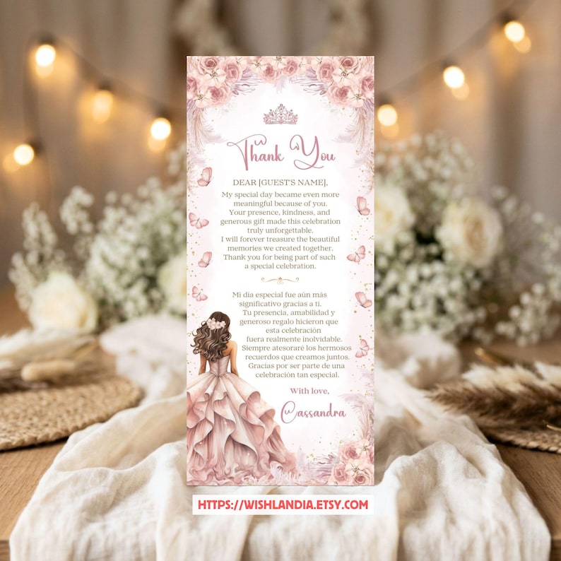 Thank You Note Quinceañera Pink, Mis Quince Años, Printable Card, DIY ...