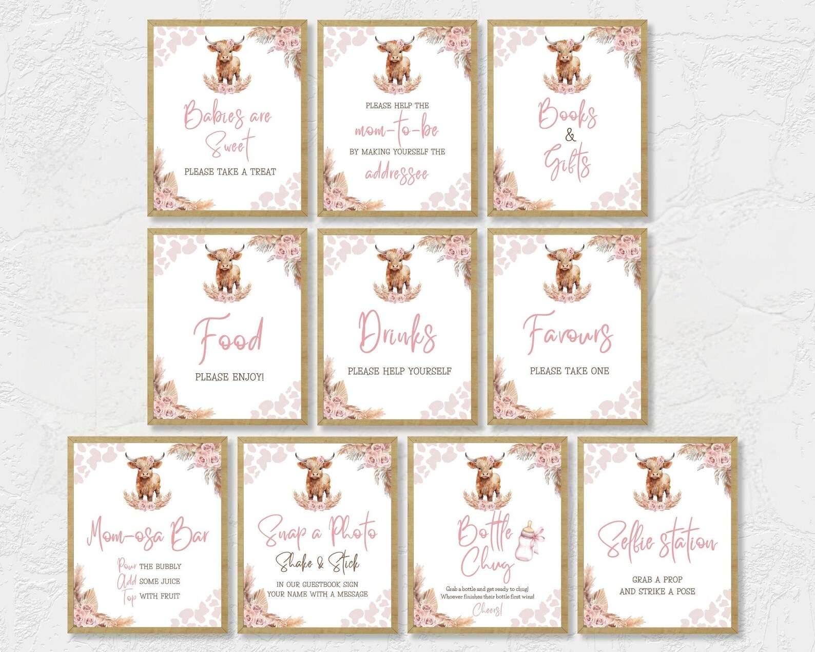 Editable Table Sign Baby Shower Girl, Highland Cow With Pink Roses ...