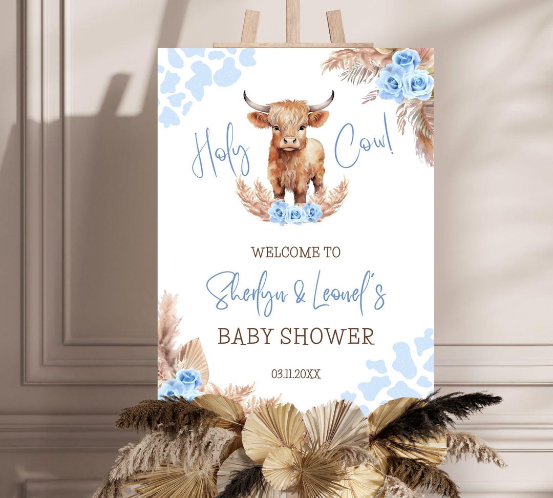 Welcome Sign Highland Cow Blue Baby Shower, Large Sign Printable, Holy ...