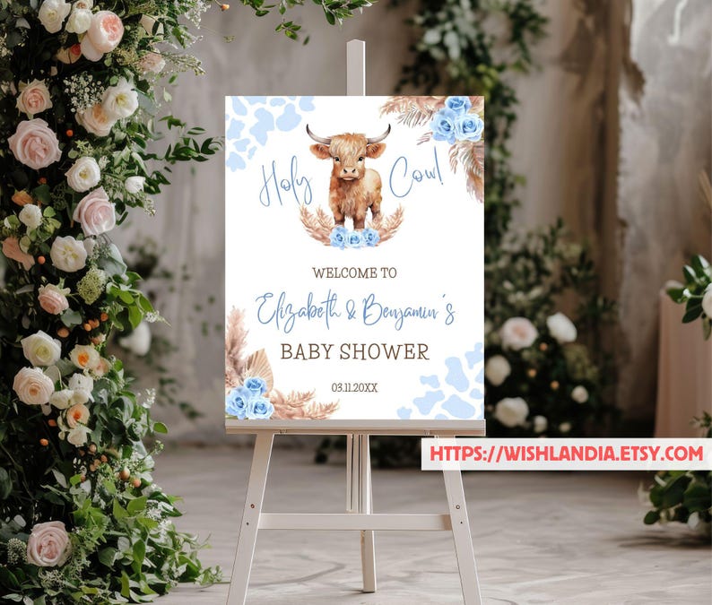 Welcome Sign Highland Cow Blue Baby Shower, Large Sign Printable, Holy ...