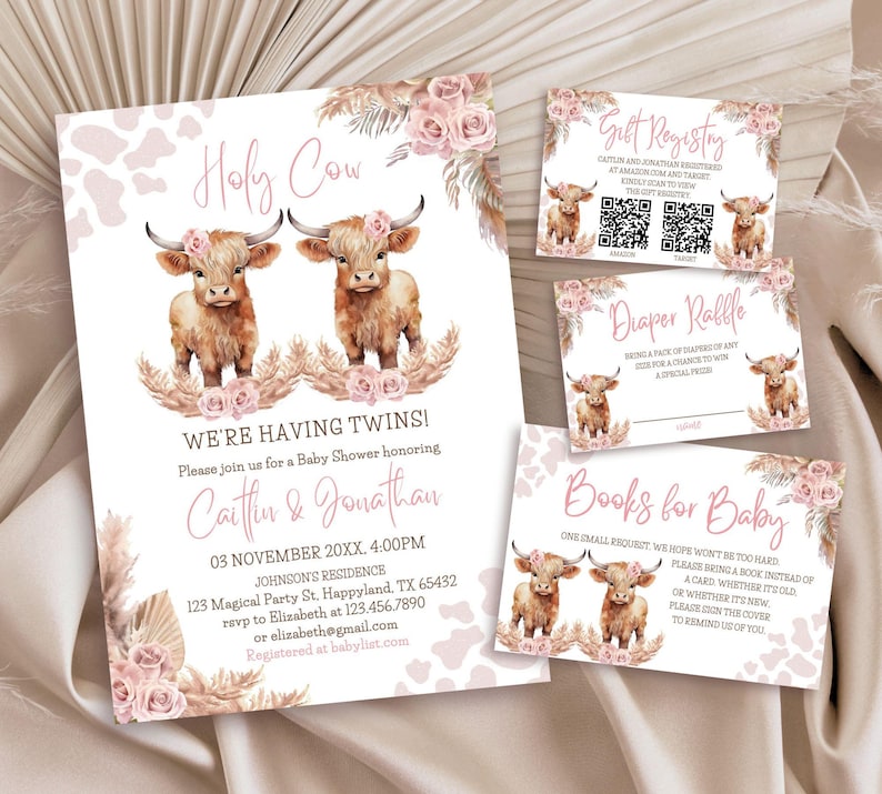 Highland Cow Twins Pink Invitation Bundle Baby Shower, Holy Cow Set ...