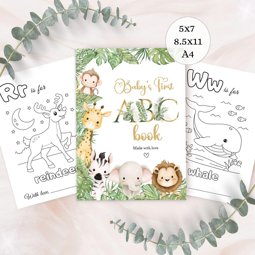 Baby Shower Safari Animals ABC Book, Coloring Page, Printable ABC ...