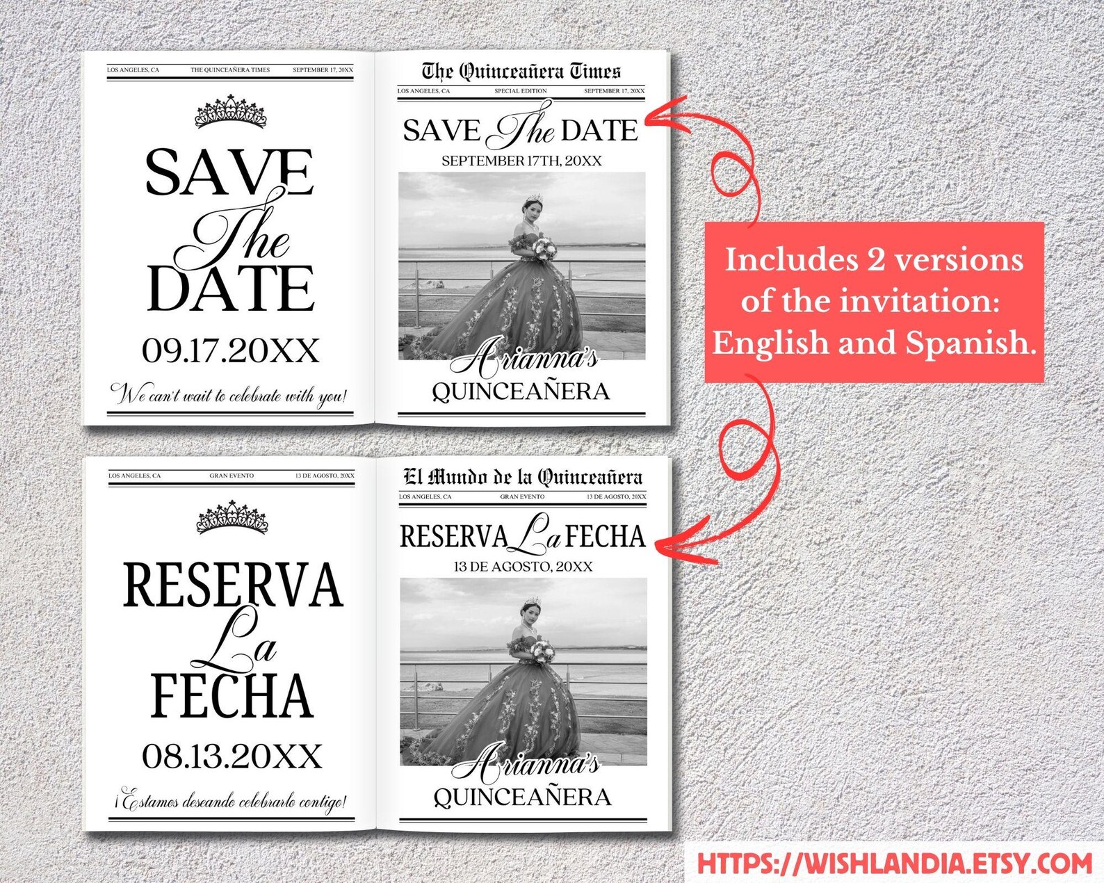 Quinceañera Save the Date Newspaper, English & Spanish, Mis Quince Años ...