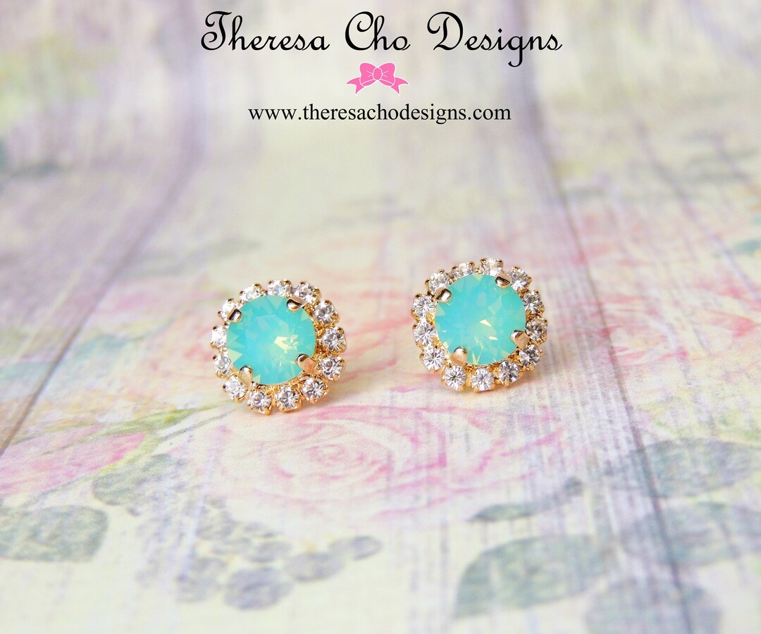 Made to Order- Swarovski Mint Green Crystal Earrings, 8mm Round ...