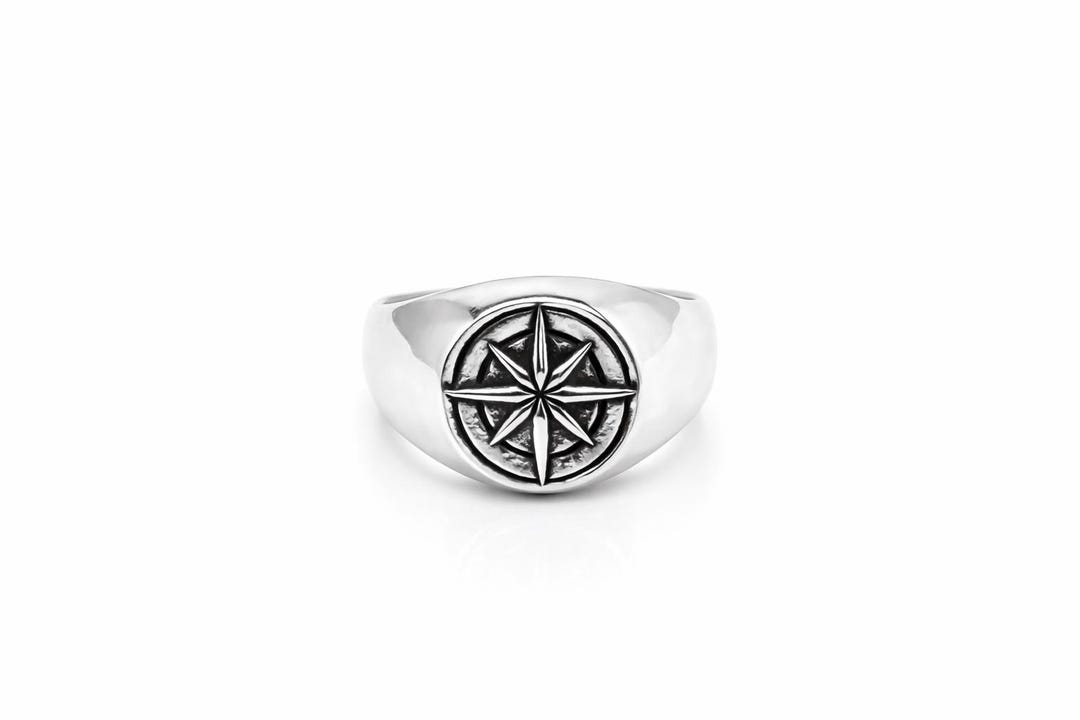 Compass Rose Signet Ring – 925 Sterling Silver Men’s Nautical Ring ...