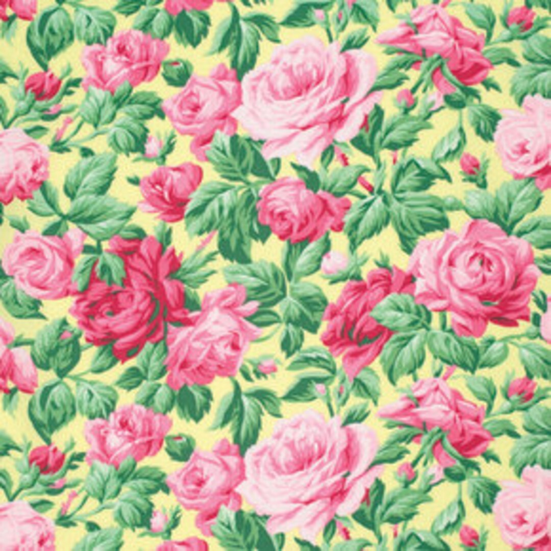 Fabric by the Yard, Rose Garden in Butter, Shabby Chic, Roses on Yellow ...