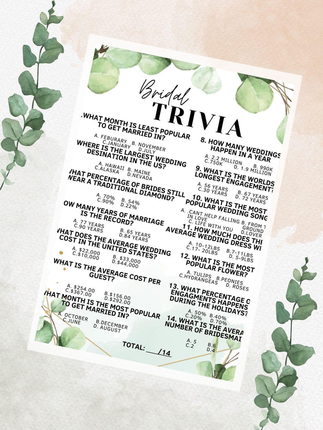 Bridal Shower Trivia Game - Printable | Fun Wedding Shower Activity ...