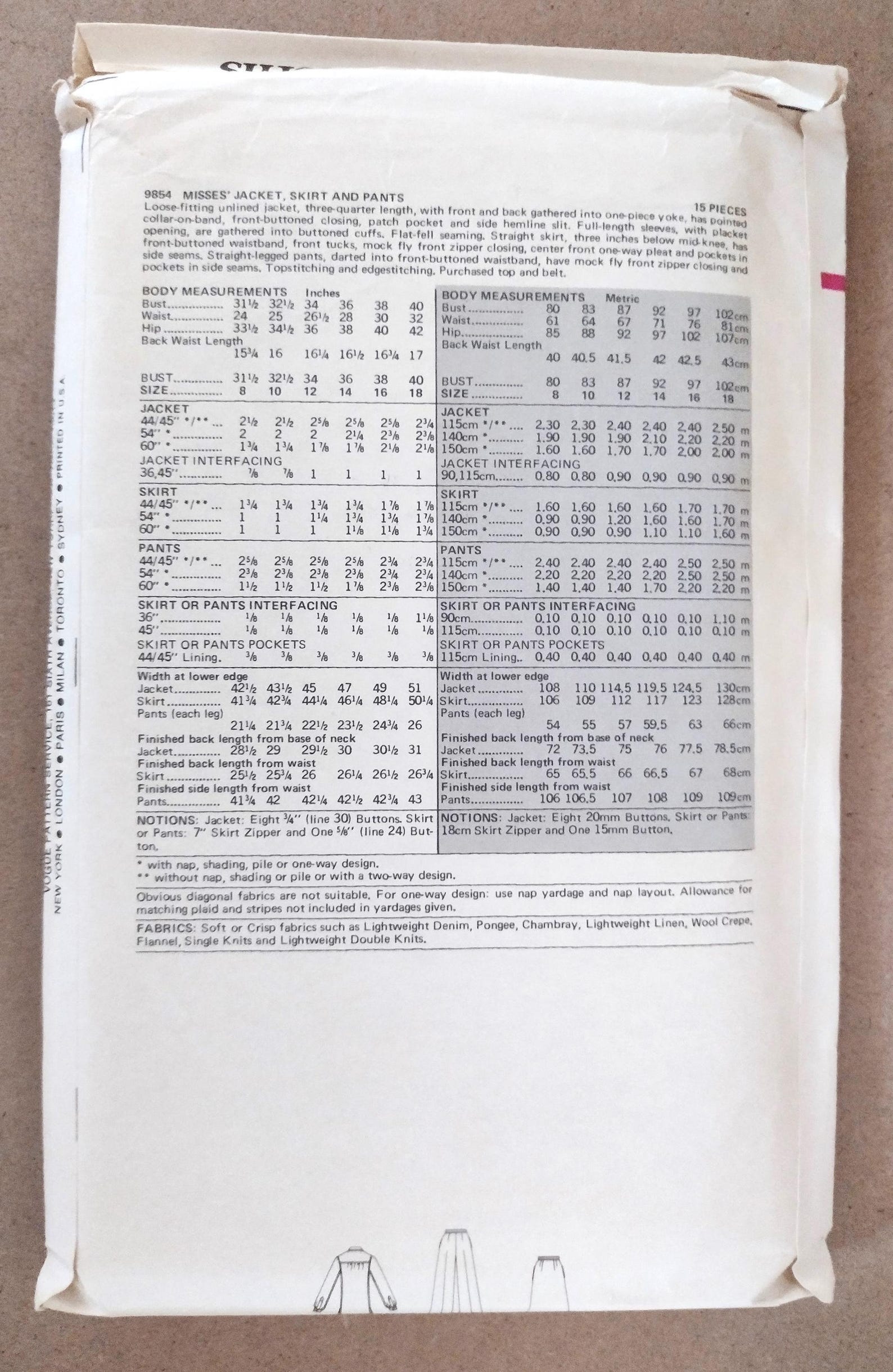 Vogue 9854 Misses' Jacket, Skirt and Pants 1970s Size 12 - Etsy