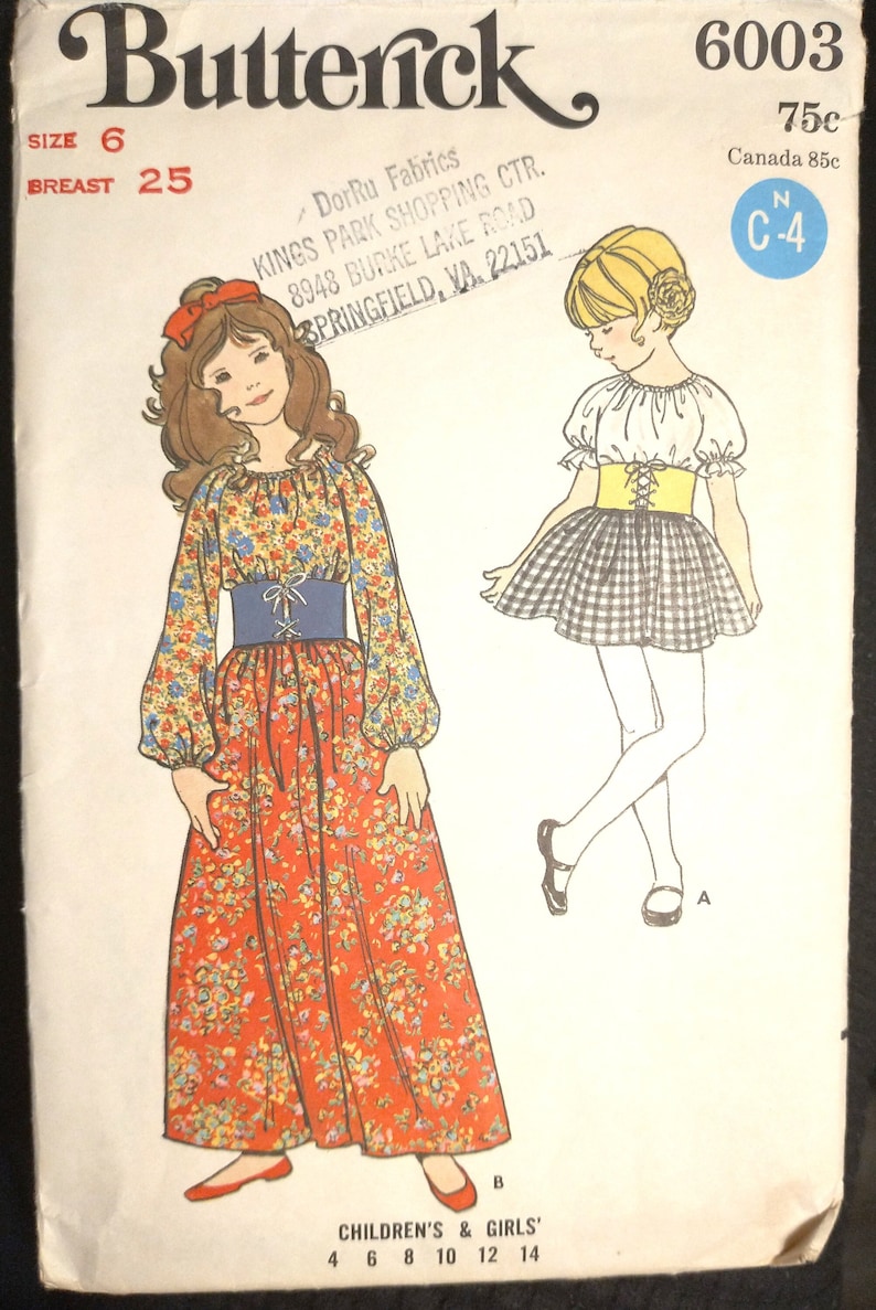 Butterick 6003 Children's and Girl's One-piece Dress, 1970s Size 6 ...