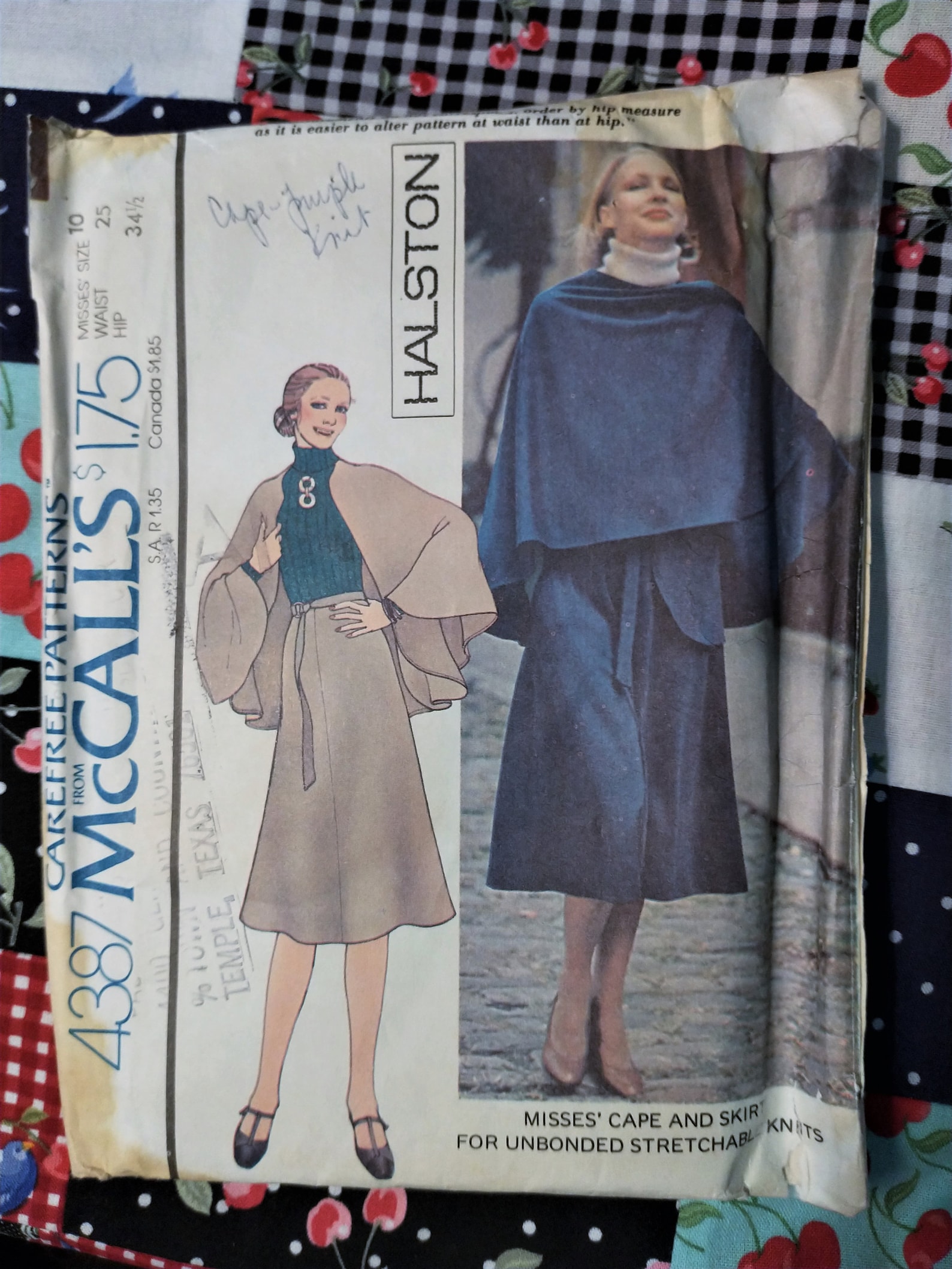 Mccall's Carefree Patterns 4387 Halston Misses' Cape & Skirt 1975 Size ...