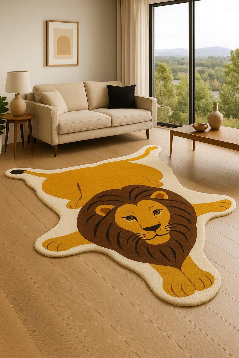 Hand Tufted Lion Shaped Rug – Animal Print Jungle Safari Theme for Kids ...