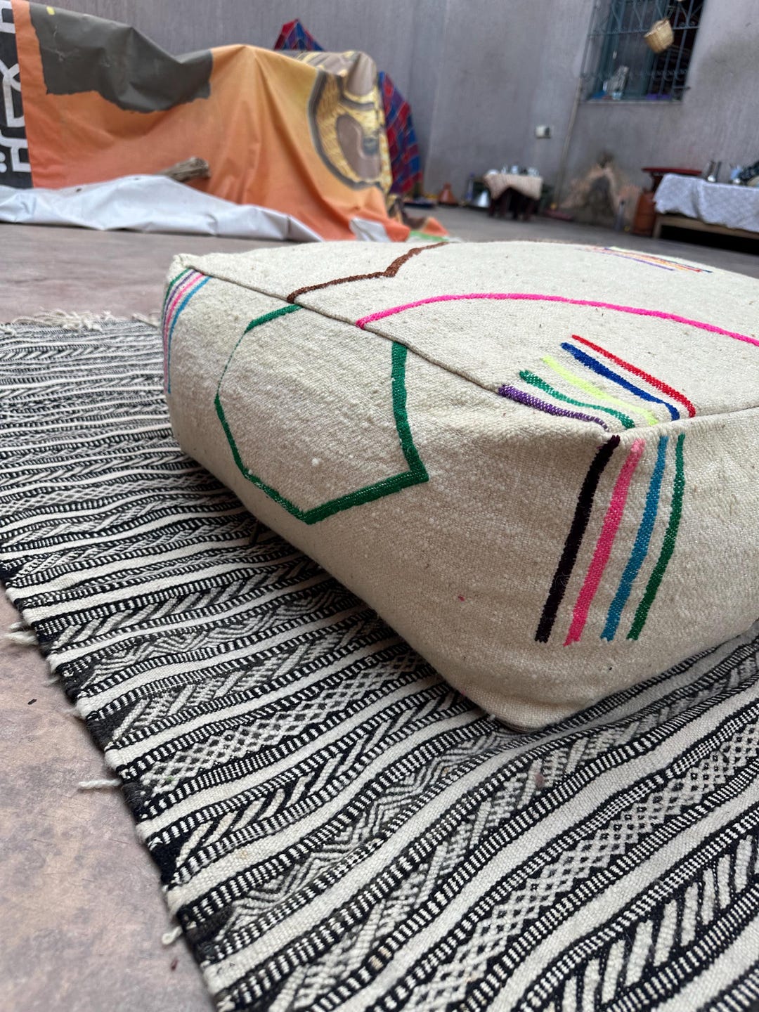 Morocco Kilim Pouf, Vintage Moroccan Ottoman, Outdoor Kilim Poufs ...