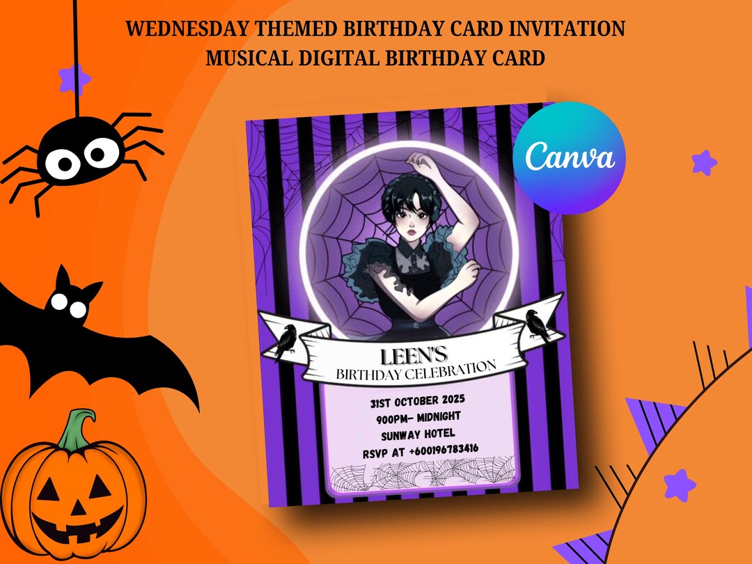 Wednesday Addams Birthday Invitation: Musical Canva Template (digital ...