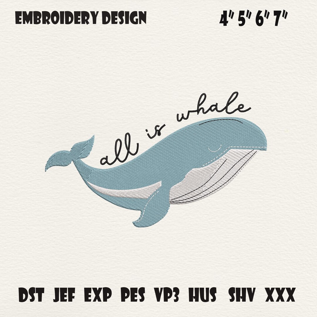 All is Whale Cute Embroidery, Blue Whale Machine Embroidered Design ...