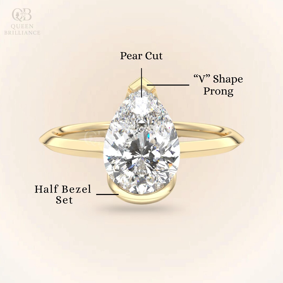 Half Bezel Pear Shaped Moissanite Engagement Ring 3CT Pear Diamond Ring ...