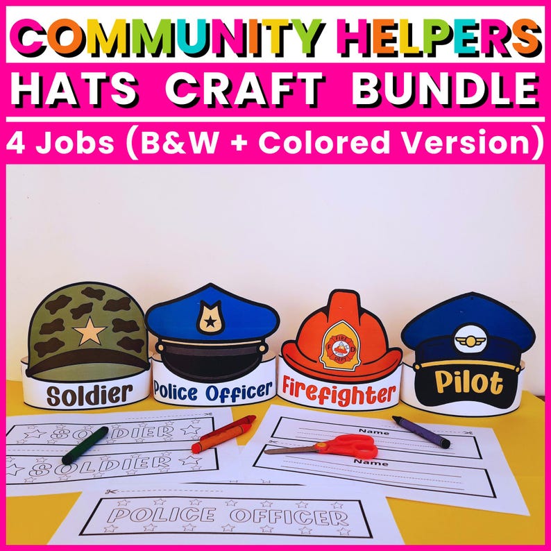 Community Helpers Hats Crowns Craft: Firefighter, Police Officer, Pilot ...