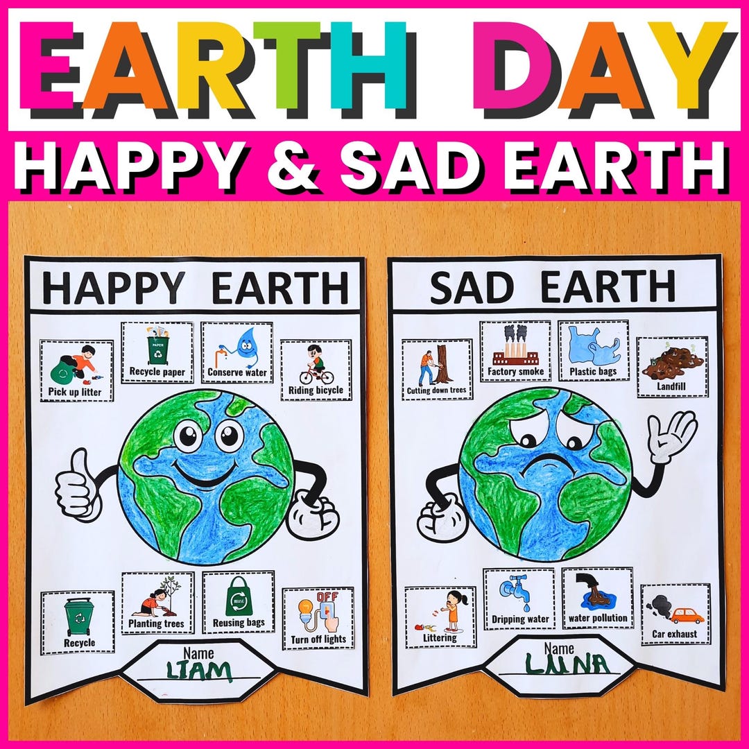 Earth Day Craft, Happy Earth Vs Sad Earth Writing, Coloring Pages and ...