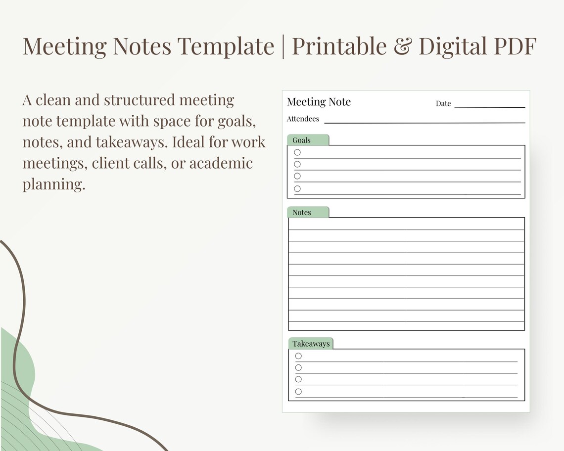 Meeting Notes Template | Digital & Printable PDF - Etsy