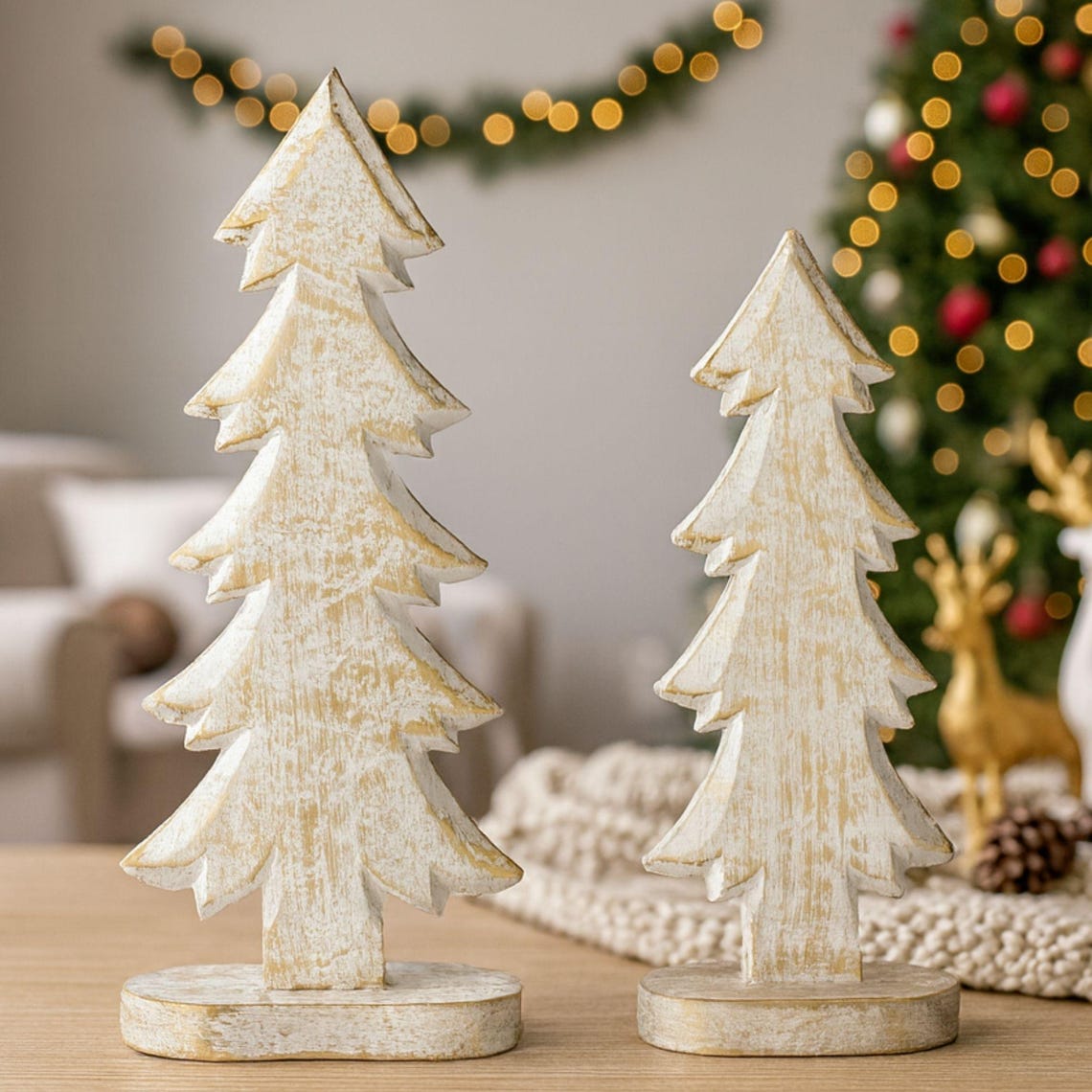 Wooden Christmas Tree Set of 2 Figurines, X Mas Decorations for Home ...