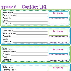 Girl Scout Troop Contact List Fillable Customize Edit Printable Planner ...