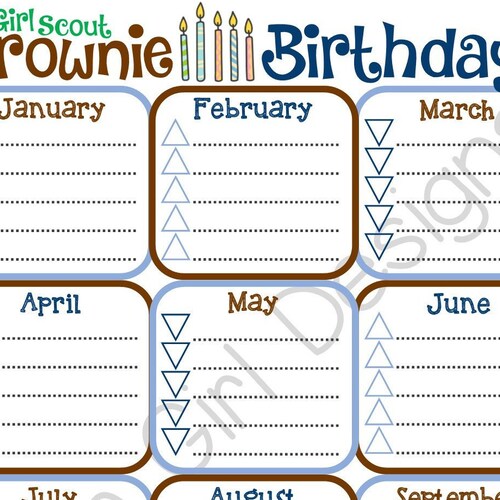 Brownie Girl Scout Birthday Calendar Troop Fillable Edit - Etsy