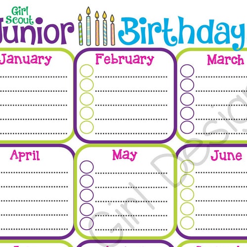 Junior Girl Scout Birthday Calendar Troop Fillable Printable - Etsy