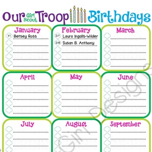 Troop Birthday Calendar Girl Scouts Fillable Customize Edit Printable ...