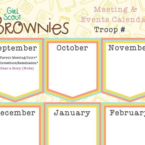 Brownie Girl Scout Birthday Calendar Troop Fillable Edit - Etsy
