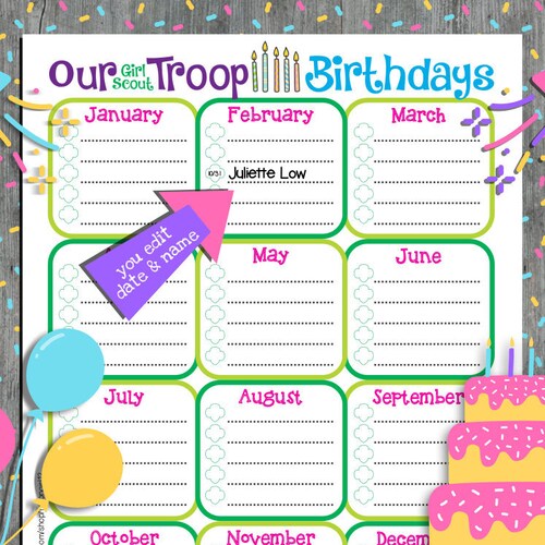 Troop Birthday Calendar Girl Scouts Fillable Customize Edit - Etsy