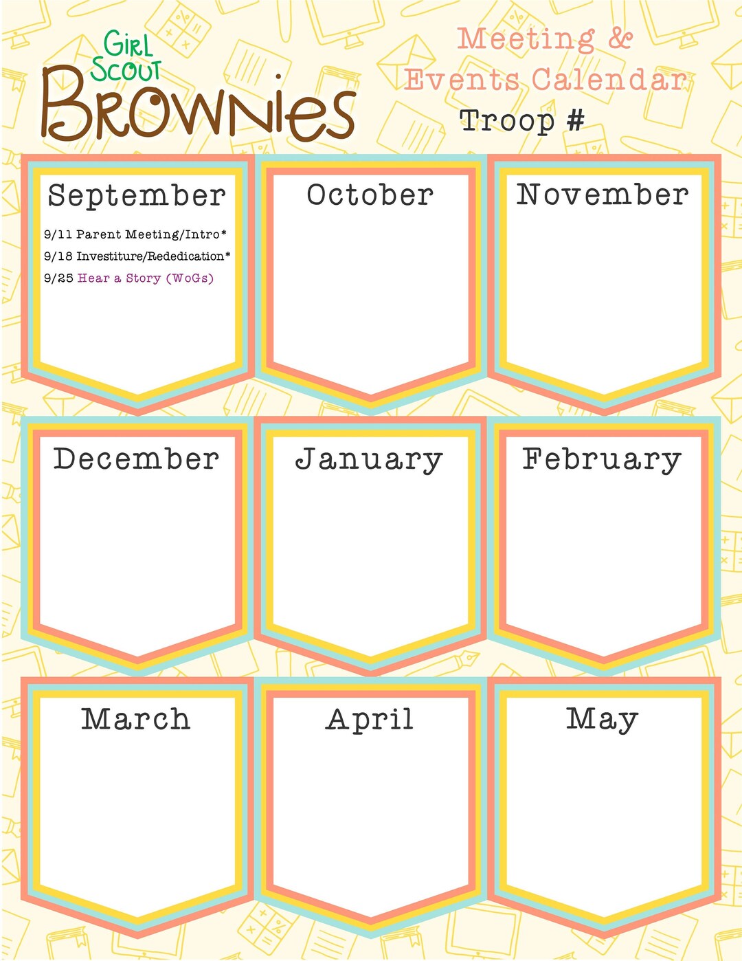 Brownie Girl Scout Yearly Troop Calendar Fillable Edit Customize ...