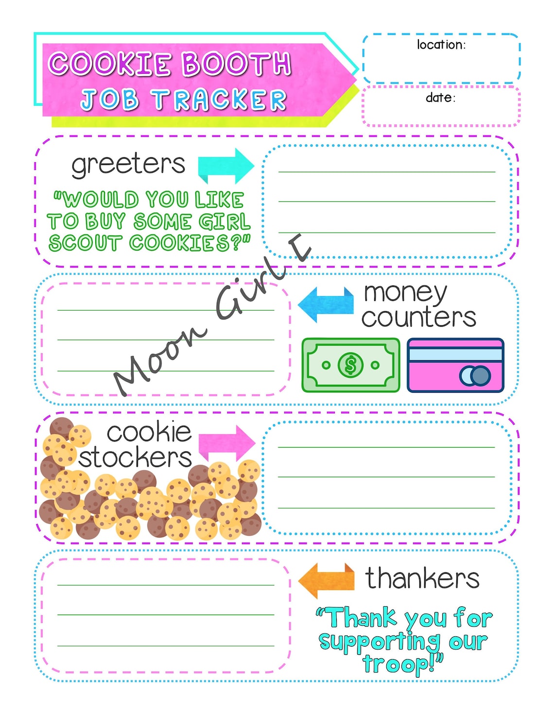 Girl Scout Cookie Booth Jobs Tracker Kaper Chart Editable Printable ...