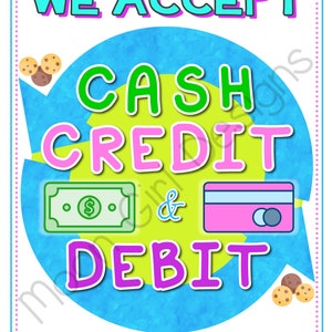 Girl Scout Cookie Booth Cash Credit Debit Payment Sign Printable ...