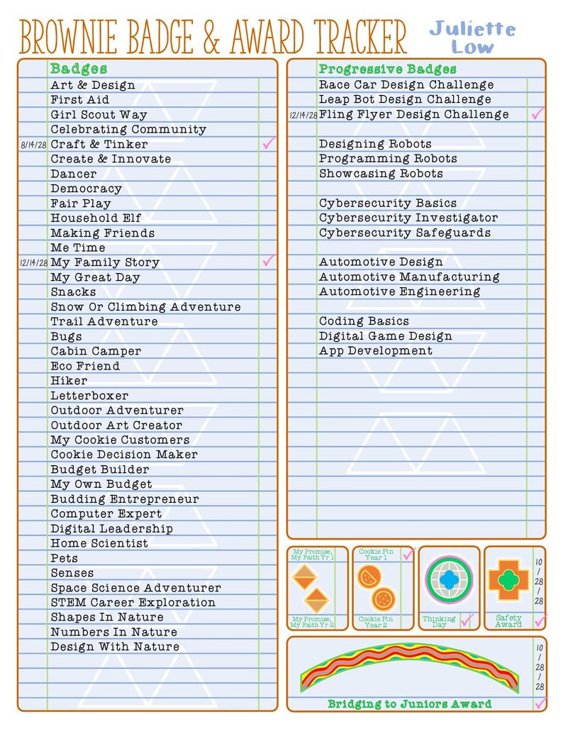 Girl Scout Brownie *2025-2026 UPDATE* New Version Badge Award Tracker Checklist Chart Fillable ...