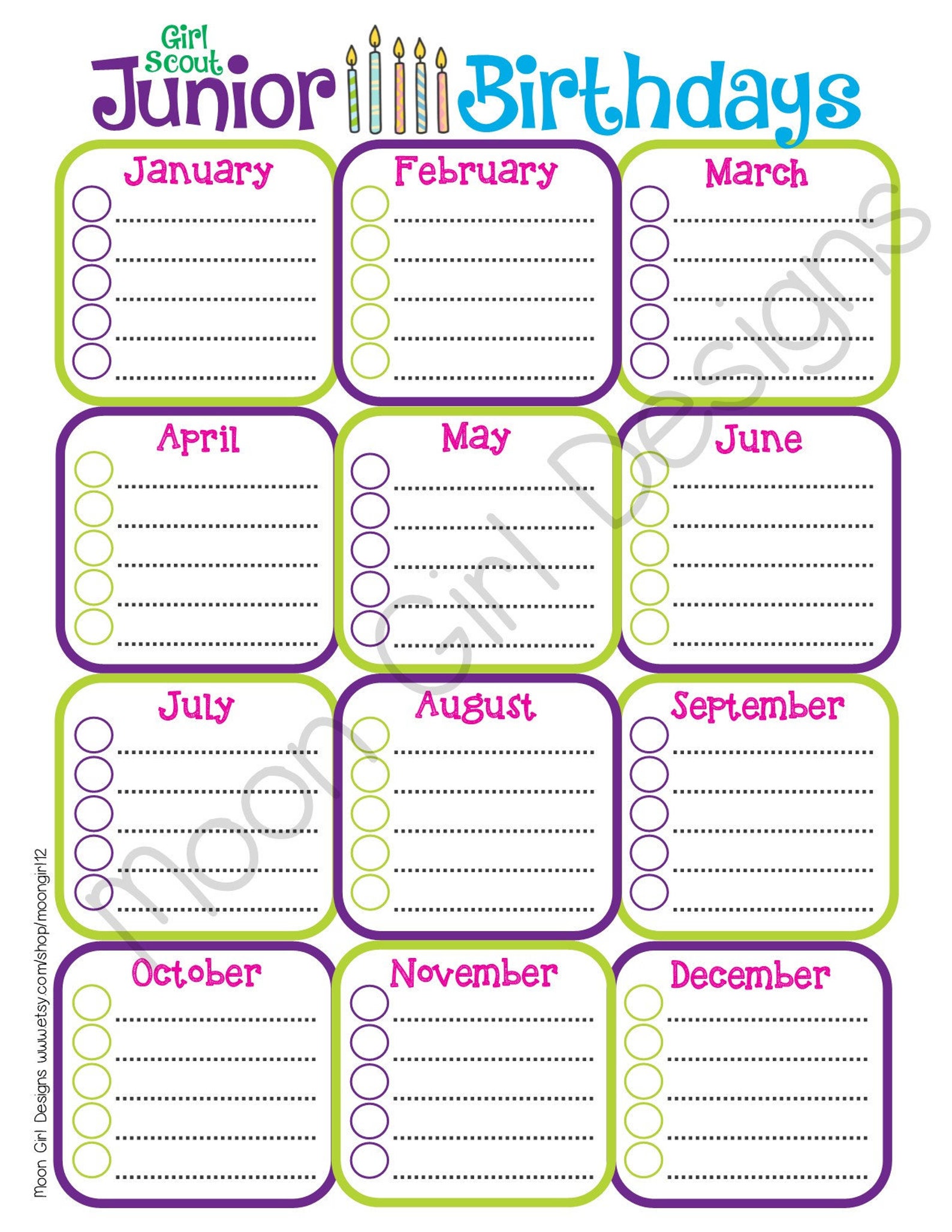 Junior Girl Scout Birthday Calendar Troop Fillable Printable PDF ...