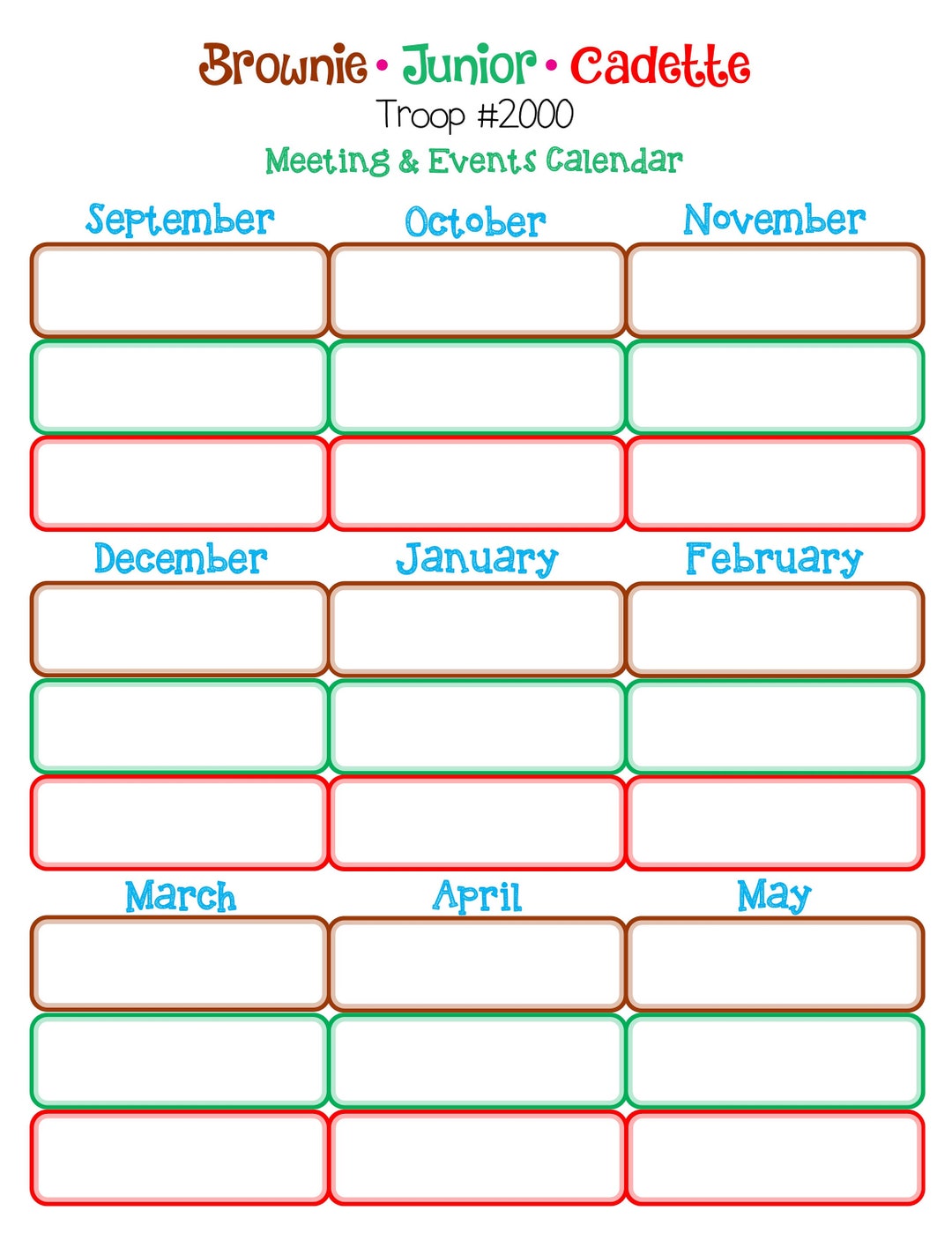 Girl Scouts Multi Level Yearly Calendar Brownie Junior Cadette Fillable ...