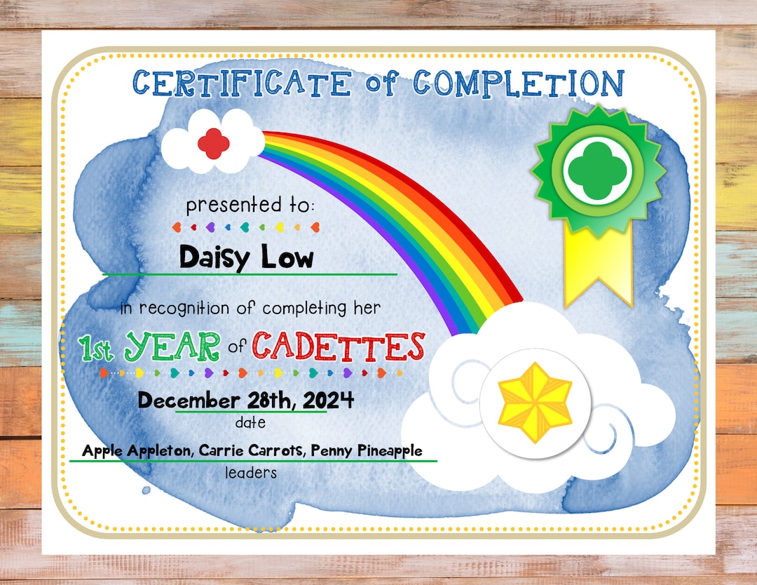 1st Year Cadette Girl Scout Completion Certificate Fillable Edit ...