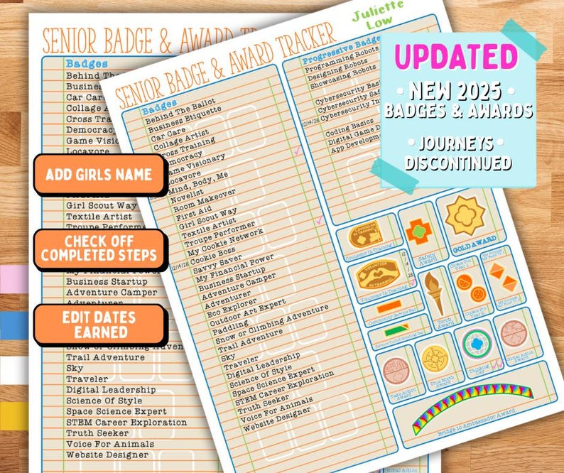 Girl Scout Senior *2025-2026 UPDATE* New Version Badge Award Tracker ...