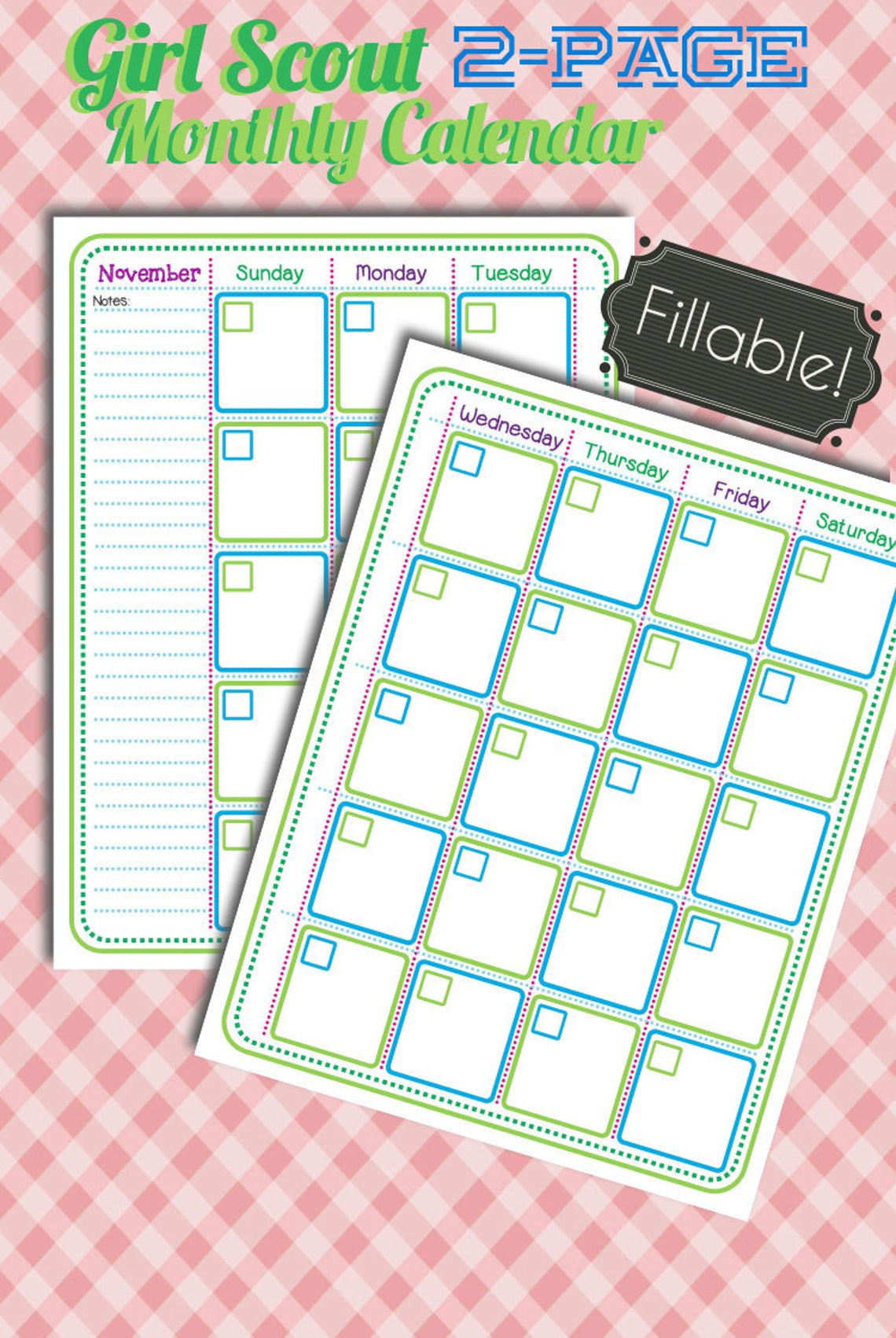 Girl Scout Calendar Monthly Daily Planner 2 Page Printable Fillable ...