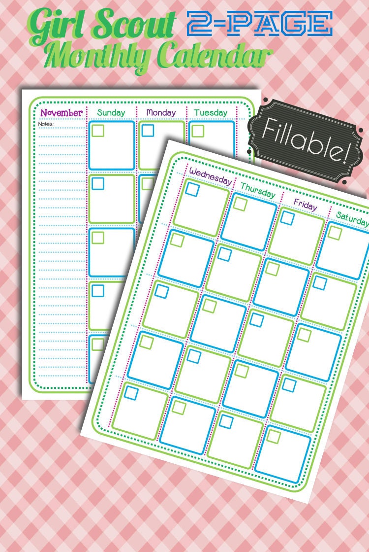 Girl Scout Calendar Monthly Daily Planner 2 Page Printable Fillable ...