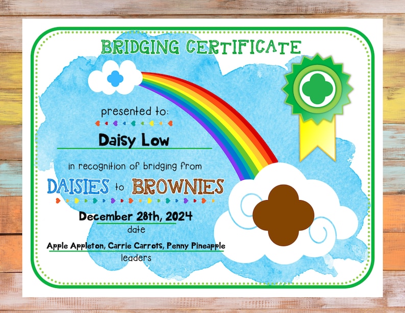 Daisy Brownie Girl Scout Bridging Troop Certificate Template Fillable ...