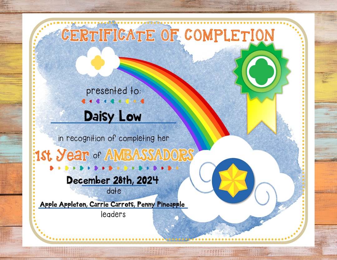 Updated 1st Year Ambassador Girl Scout Completion Certificate Fillable ...
