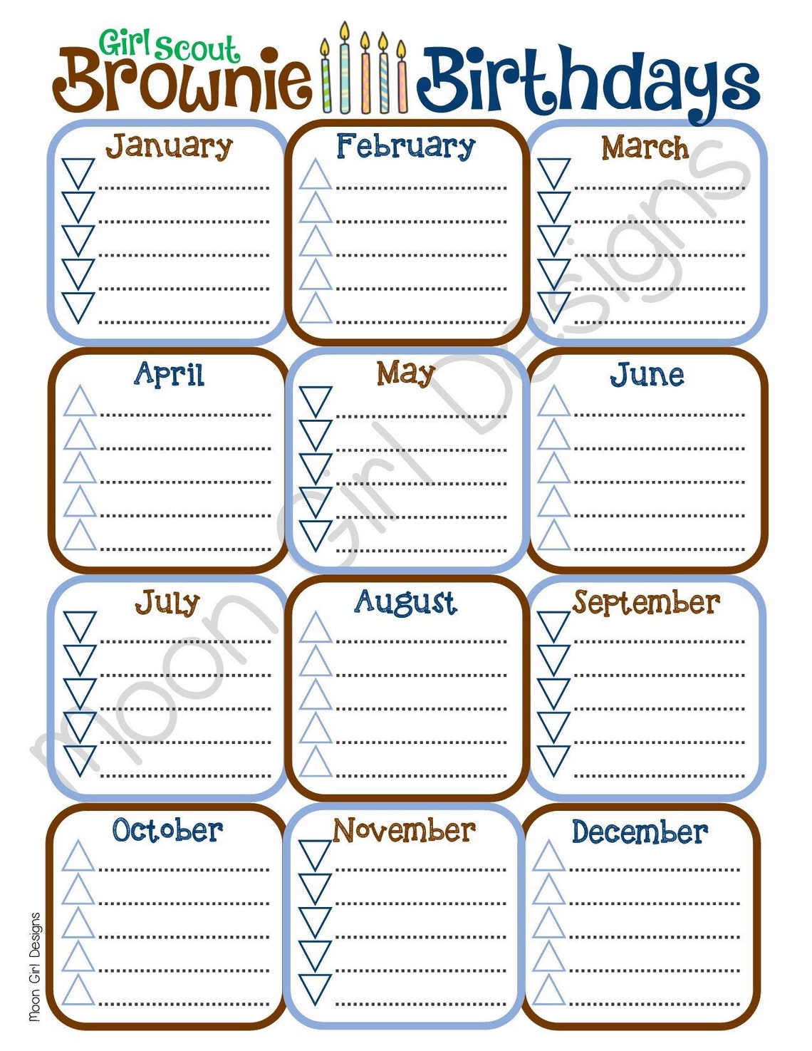 Brownie Girl Scout Birthday Calendar Troop Fillable Edit | Etsy
