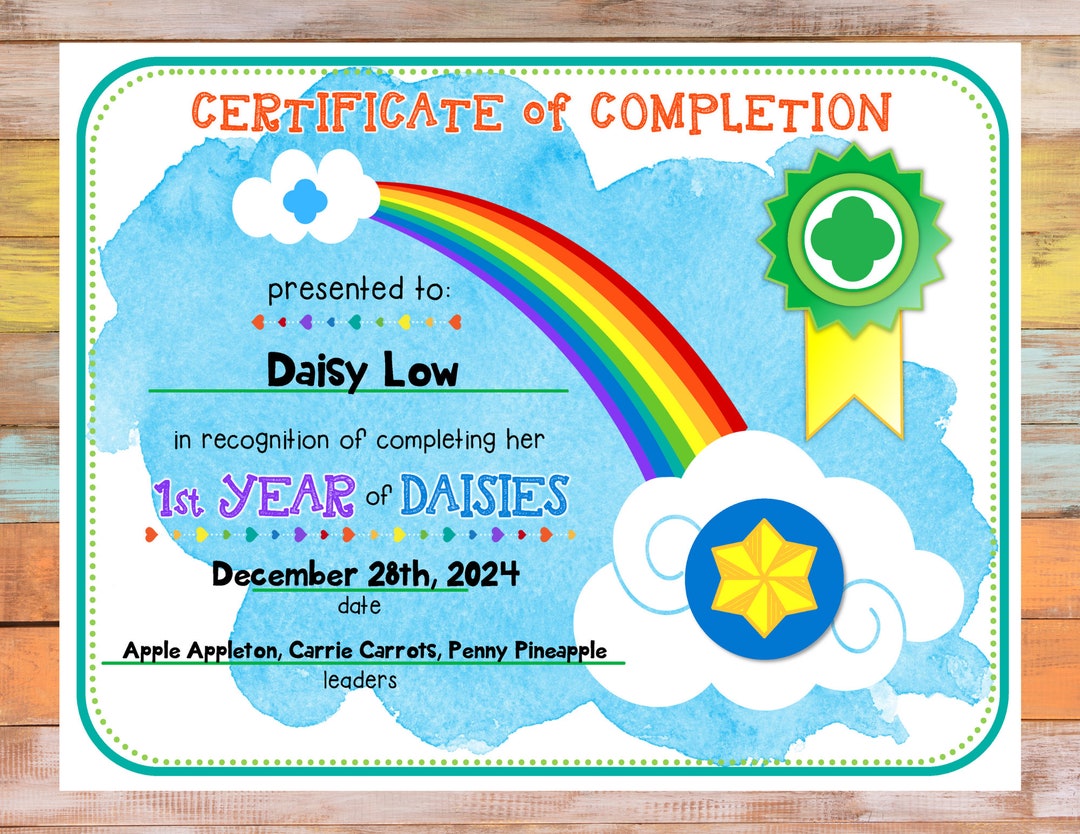 1st Year Daisy Girl Scout Completion Certificate Fillable Edit ...