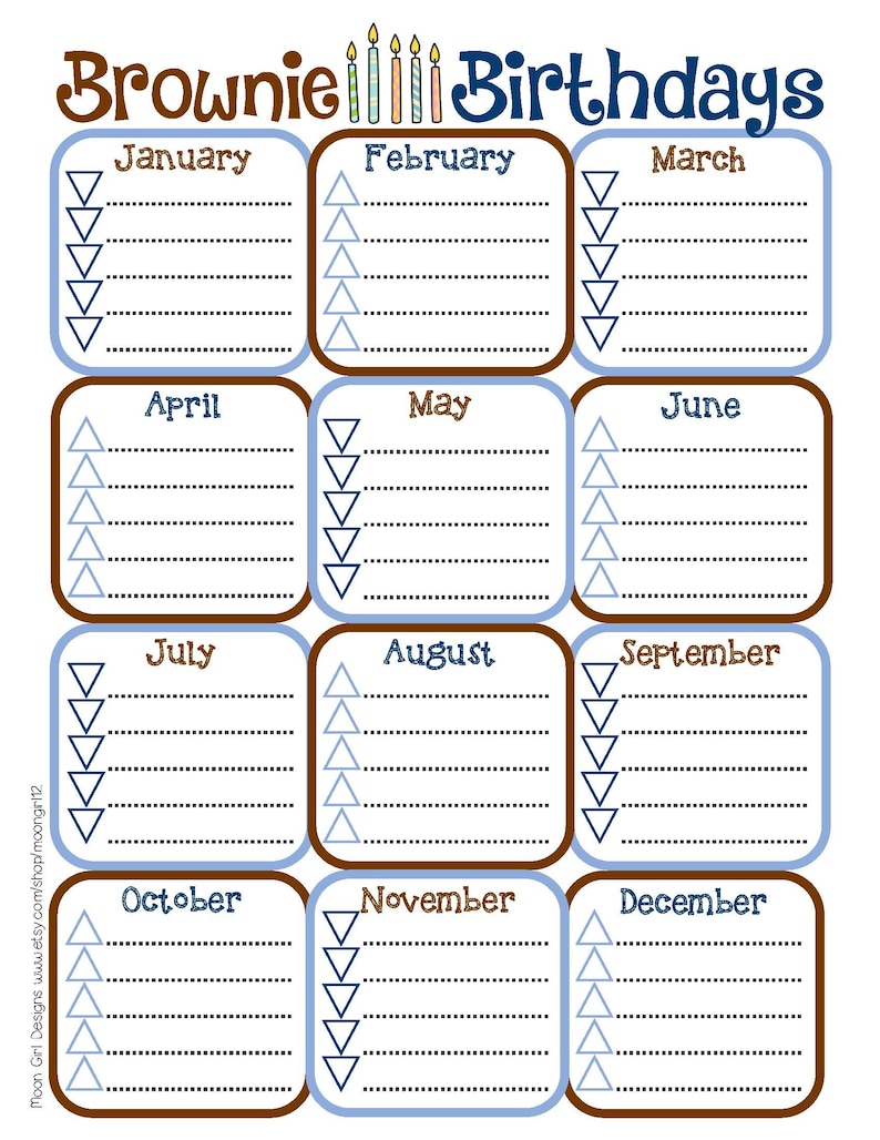 Brownie Girl Scout Birthday Calendar Troop Fillable Edit Customize ...