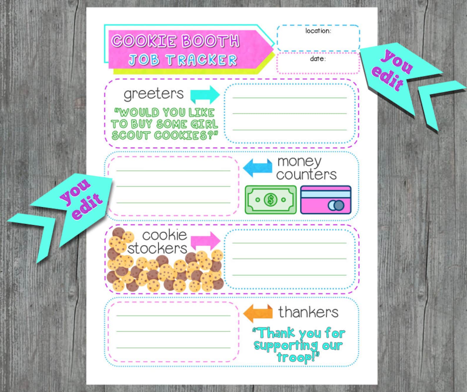 Girl Scout Cookie Booth Jobs Tracker Kaper Chart Editable Printable ...